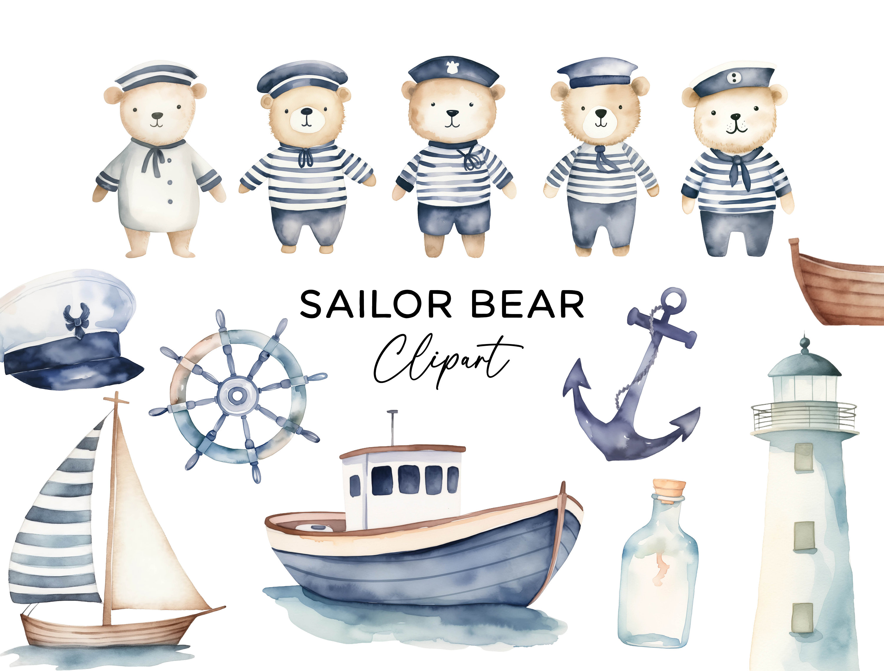 Sailor Bear Clipart Bundle, Watercolor Teddy Bear Lighthouse Anchor ...