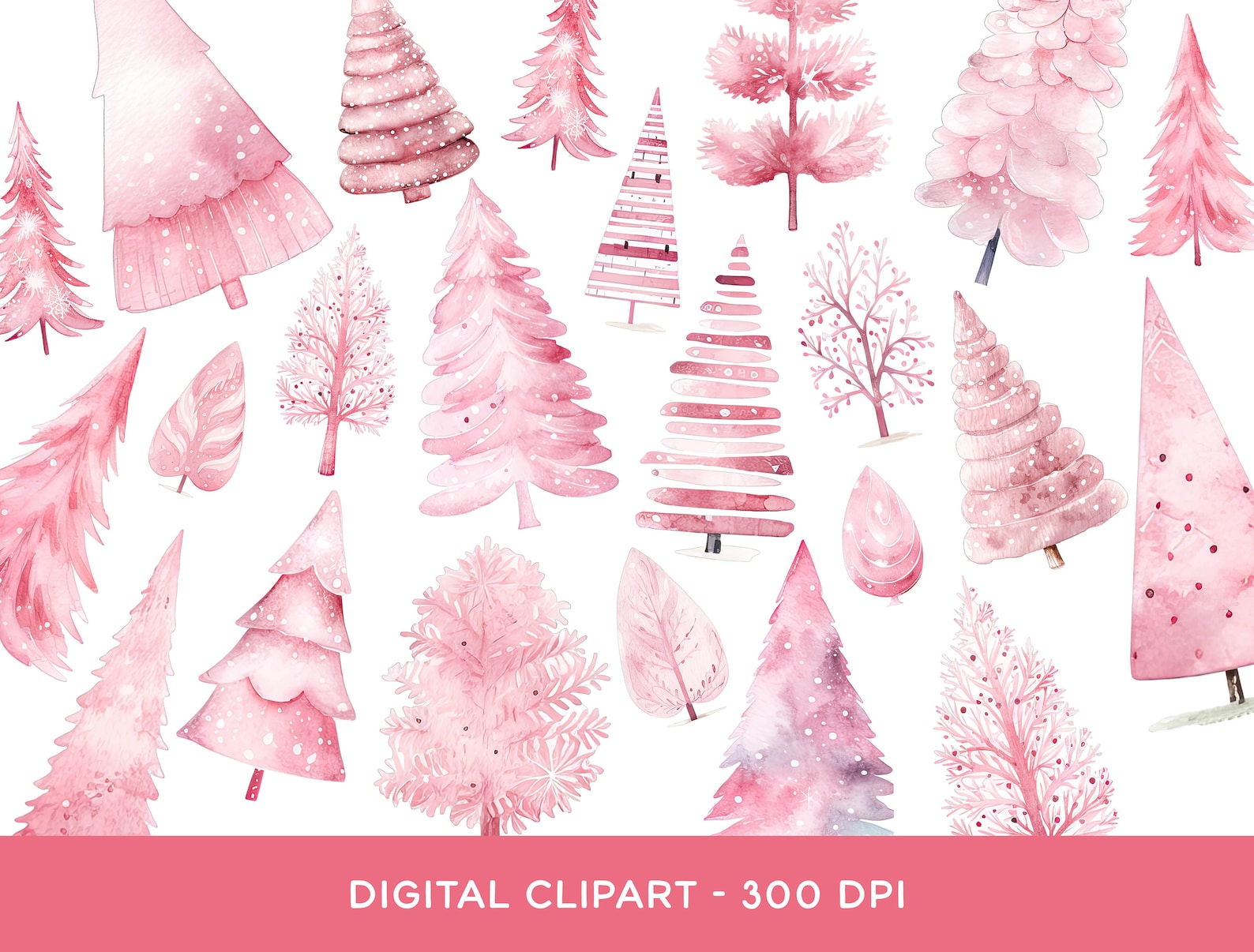 Pink Christmas Tree Clipart Bundle, Pastel Watercolor Xmas Trees PNG ...