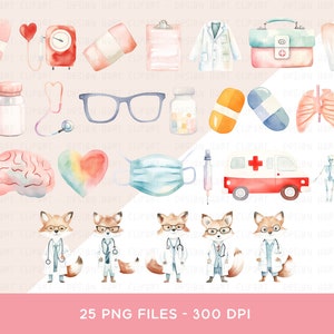 Doctor Fox Clipart Bundle Set, PNG Digital Download Watercolor Medical ...