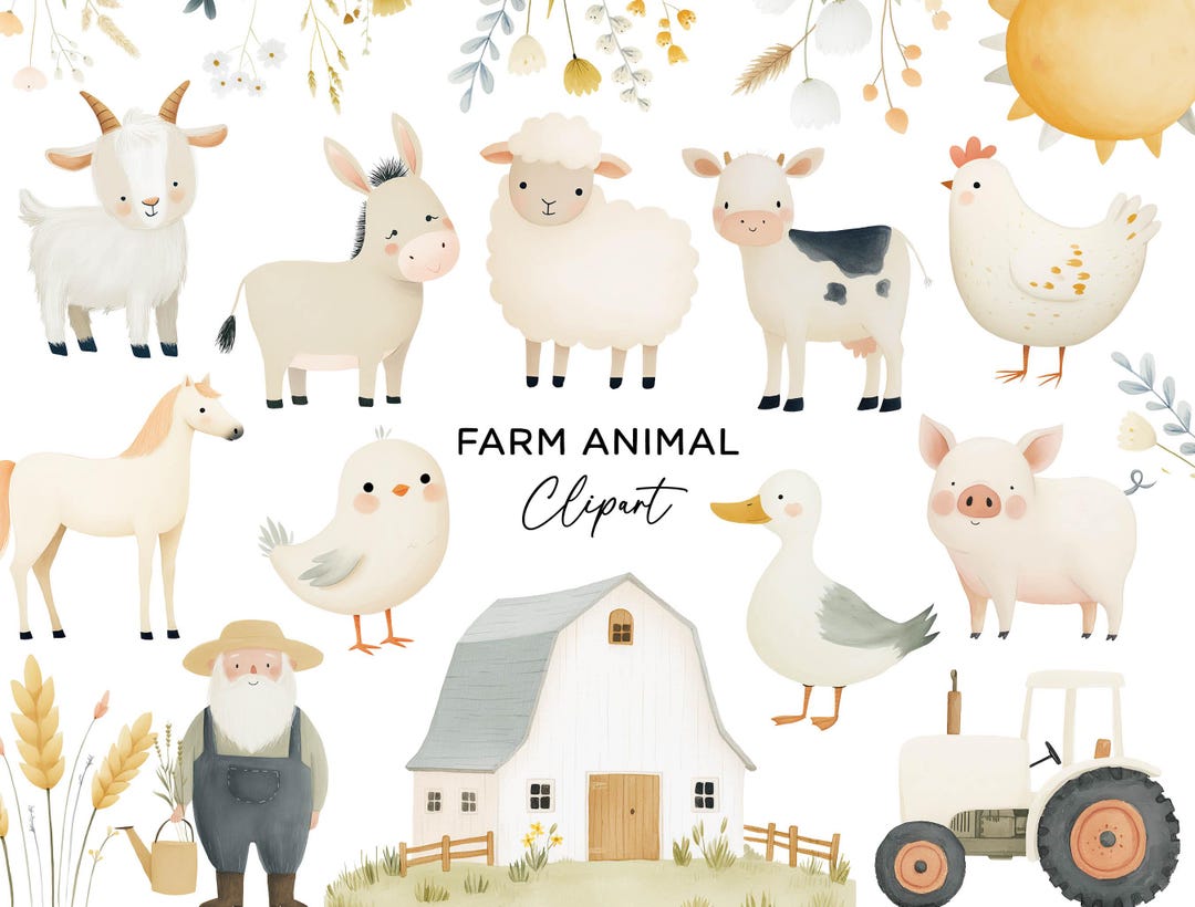 Farm Animal Clipart Bundle, Watercolor Barnyard Animals Pig Cow Horse ...
