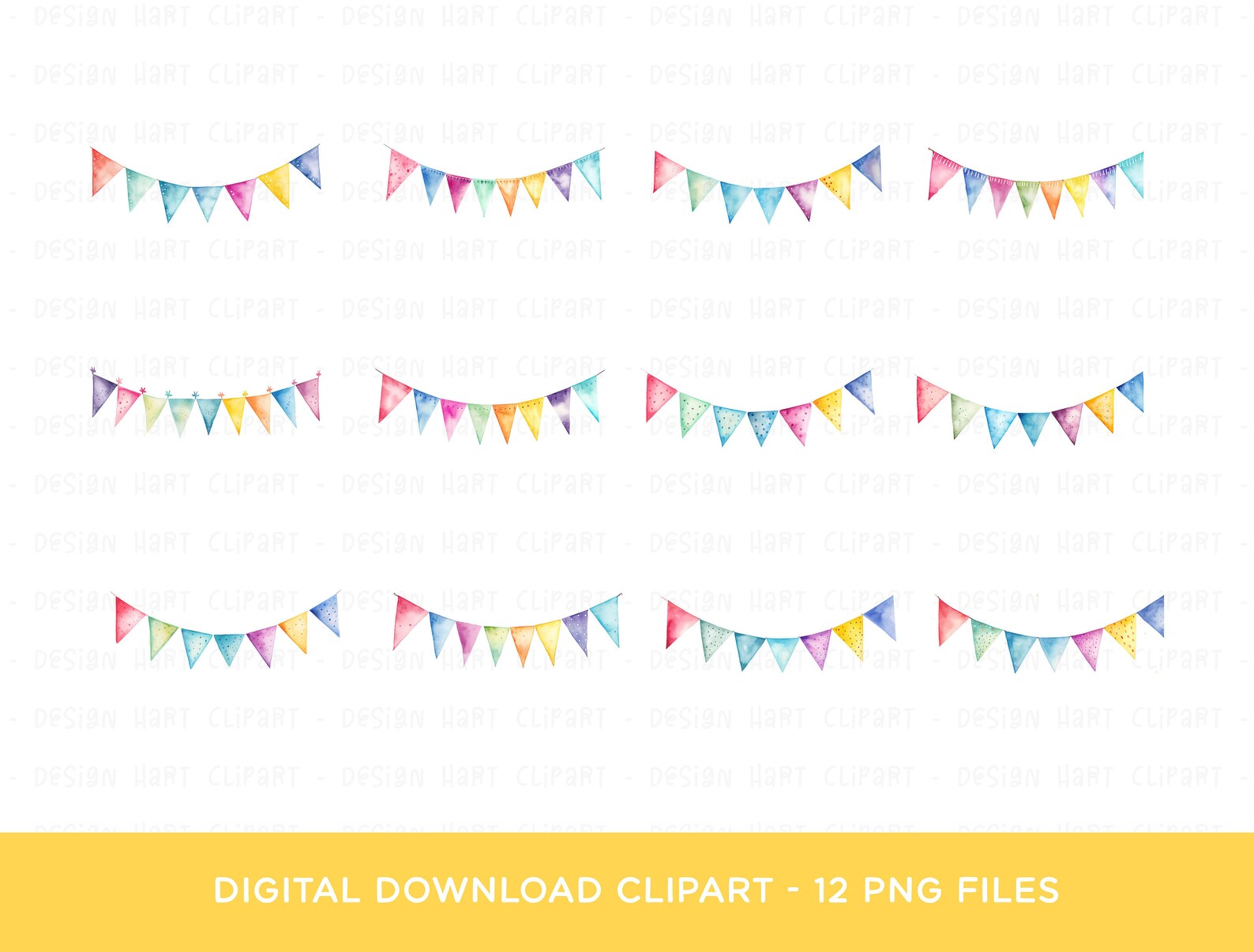 Bunting Clipart Bundle, Watercolor Pastel Flag PNG Digital Download ...