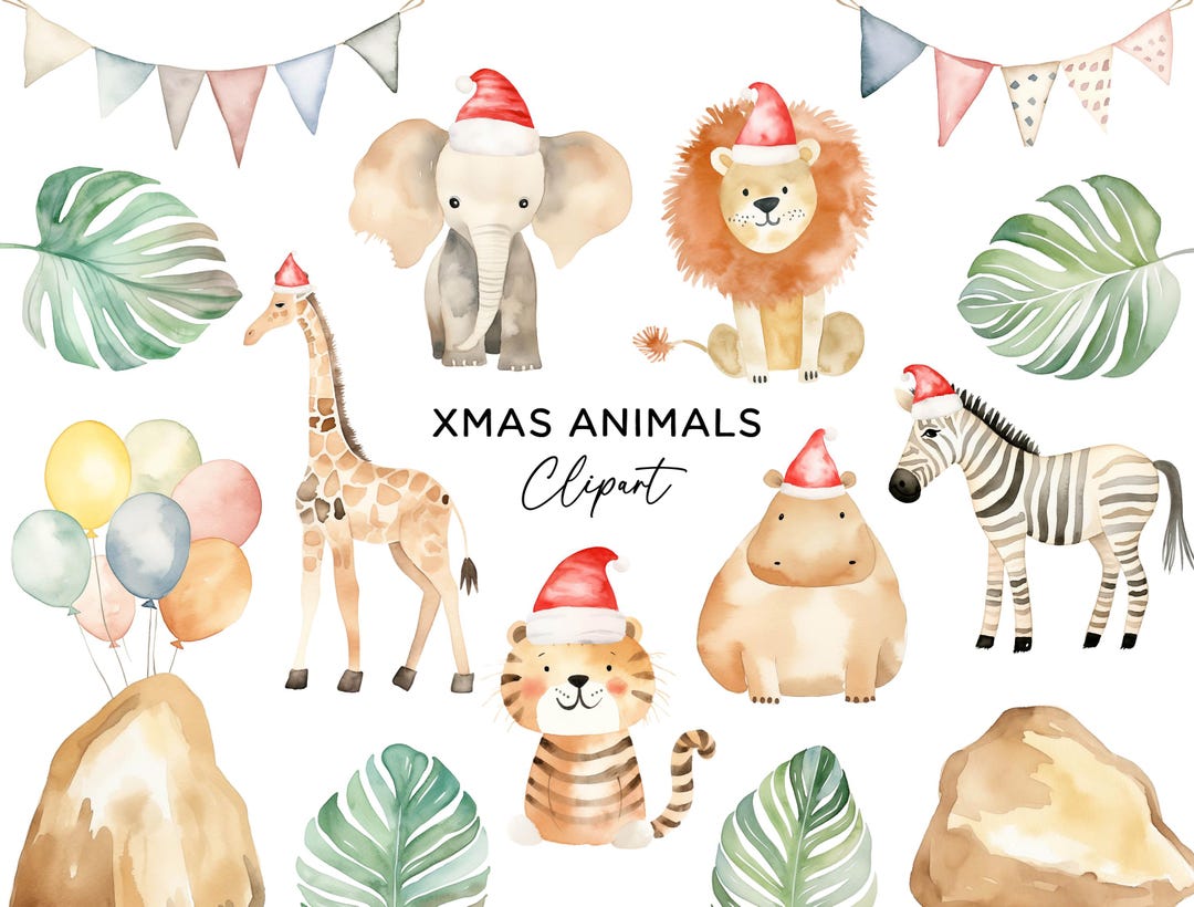 Christmas Party Animal Clipart Bundle, PNG Digital Watercolor Safari ...