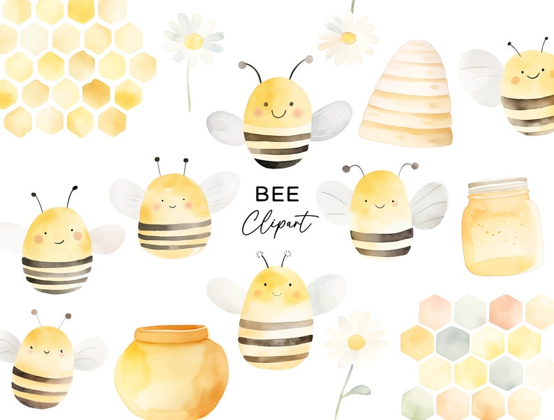 Bee Clipart Bundle, Watercolor Bumble Bee Honeycomb Daisy Hive PNG ...