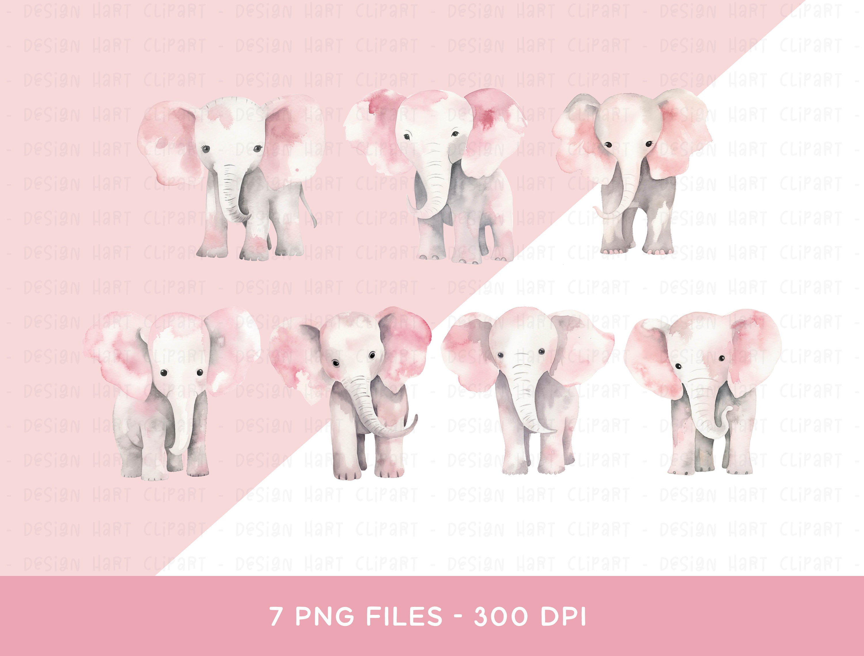 Pink Elephant Clipart Bundle Watercolor Baby Shower Elephants PNG for ...