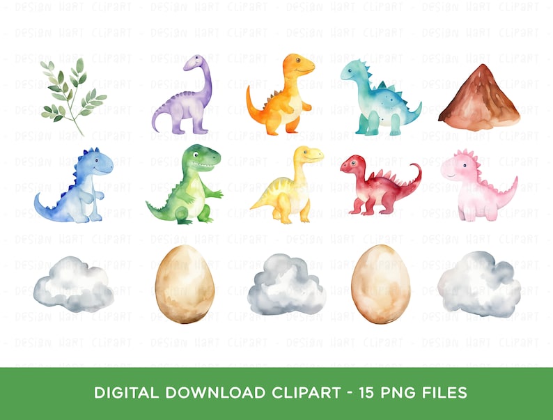Watercolor Dinosaur Clipart Bundle, Cute Dino T-rex PNG Commercial Use ...