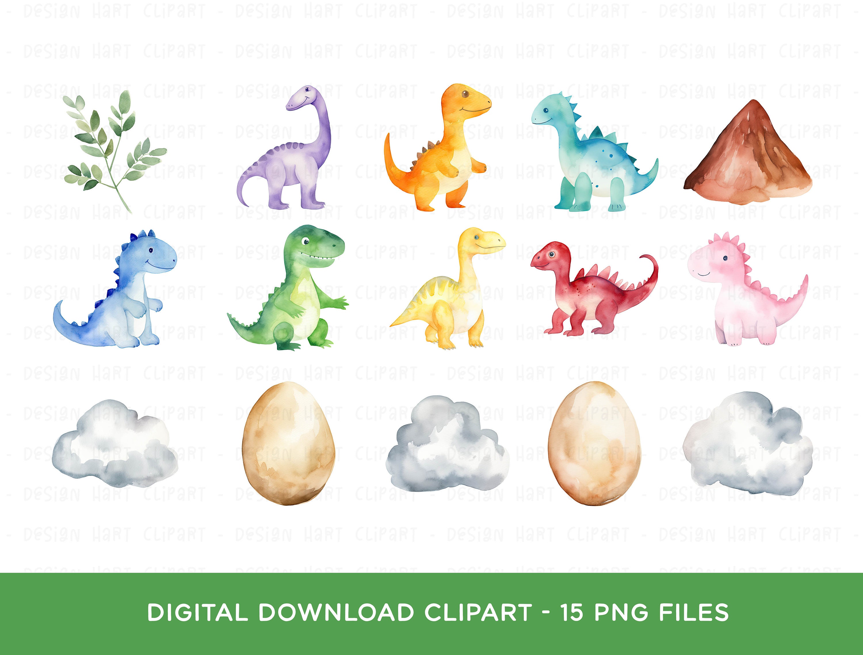 Watercolor Dinosaur Clipart Bundle, Cute Dino T-rex PNG Commercial Use ...