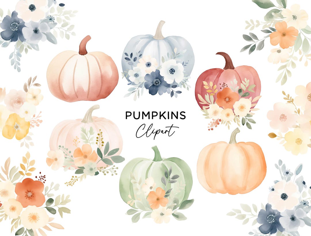 Pumpkin Clipart Bundle, PNG Digital Download Watercolor Floral Flower ...