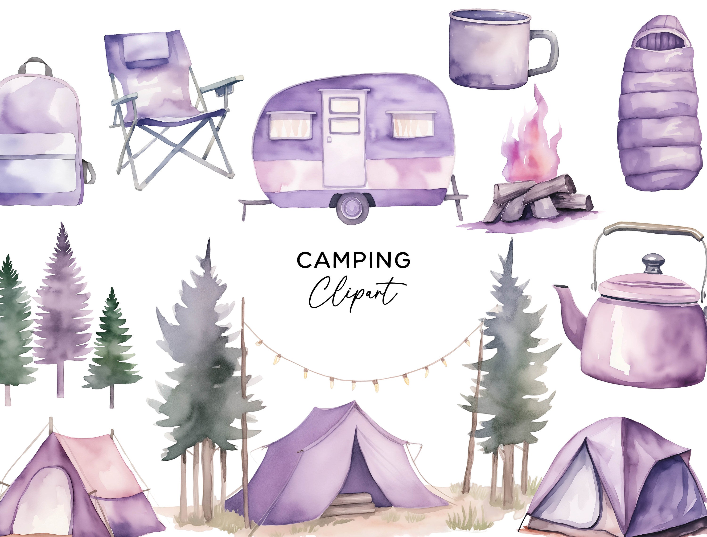 Camping Clipart Bundle, Purple Camper Caravan Tent Outdoor Adventure ...