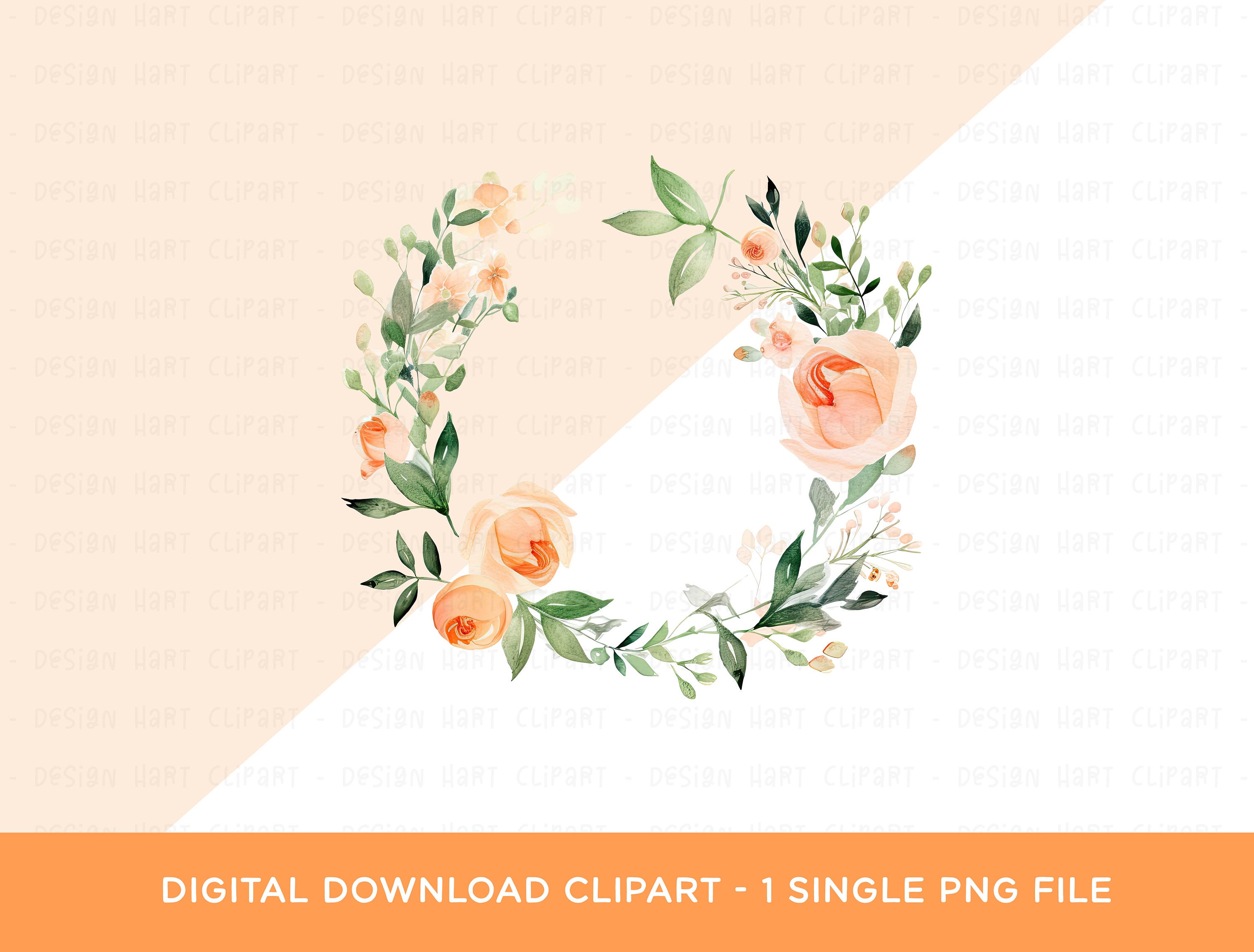 Floral Wreath Clipart Watercolor Peach Orange Rose Botanical PNG for ...