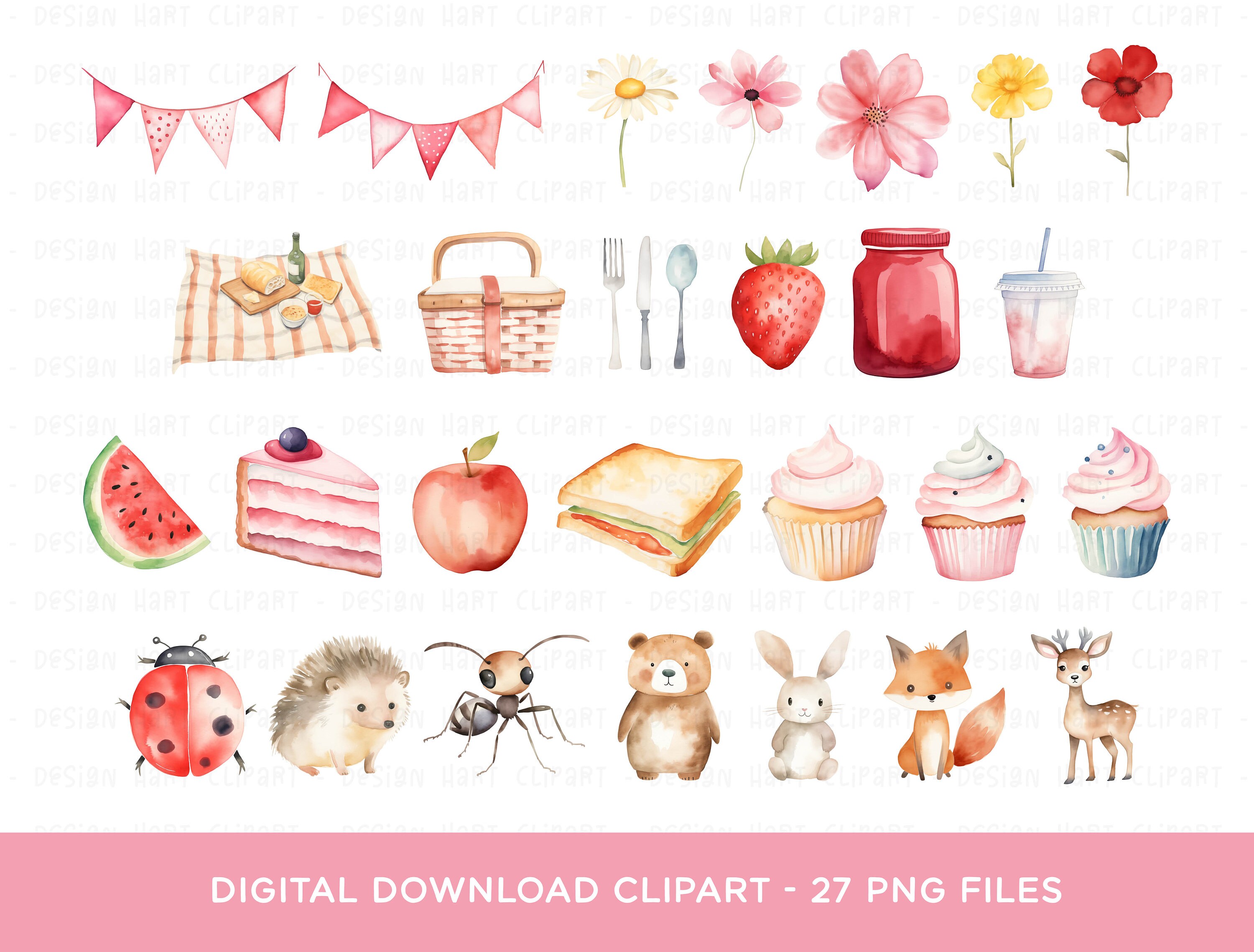 Picnic Clipart Bundle, Woodland Forest Animals Sandwich Cake Fruit Ant ...