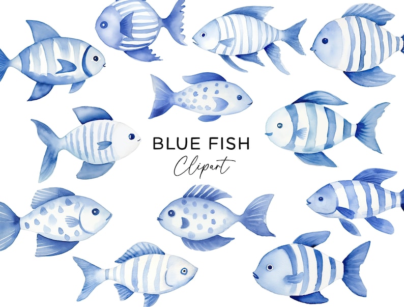 Blue Fish Clipart Bundle Watercolor Ocean Under the Sea Beach Clip Art ...