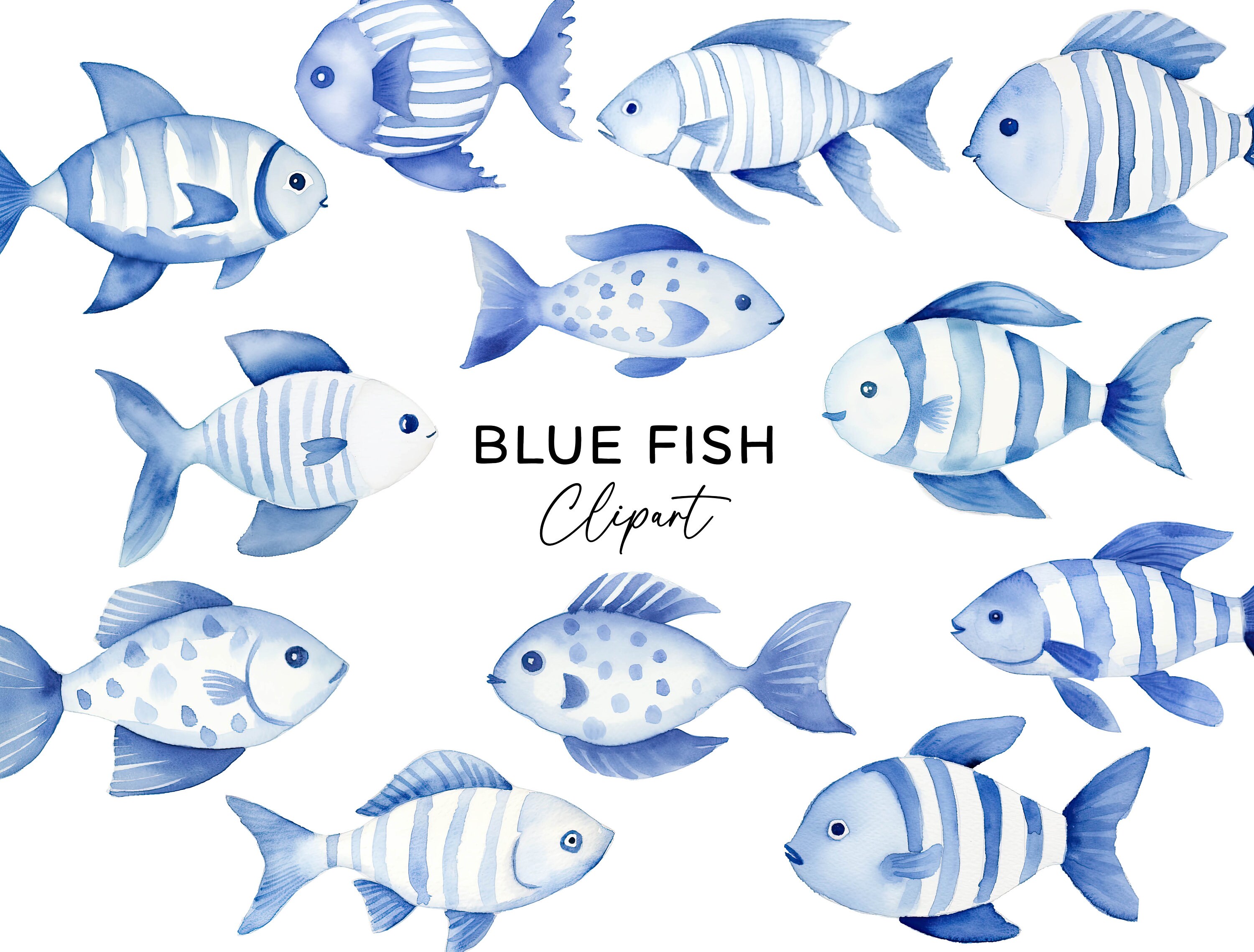 Blue Fish Clipart Bundle Watercolor Ocean Under the Sea Beach Clip Art ...