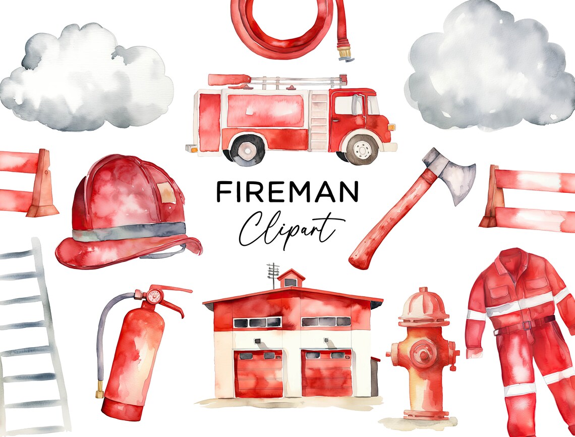 Firefighter Clipart Bundle, Watercolor Fireman Firetruck Clip Art PNG ...