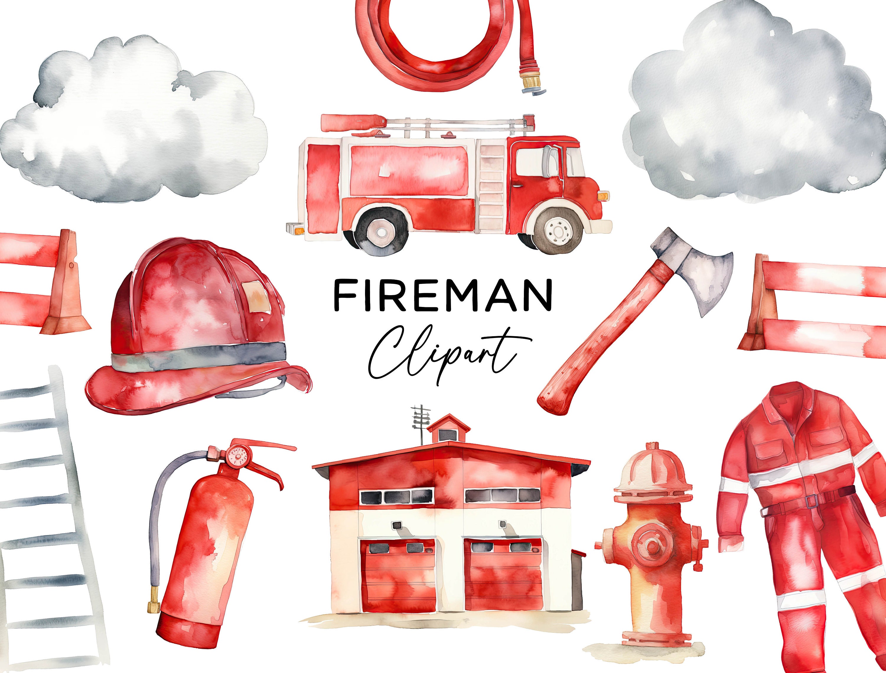 Firefighter Clipart Bundle, Watercolor Fireman Firetruck Clip Art PNG ...