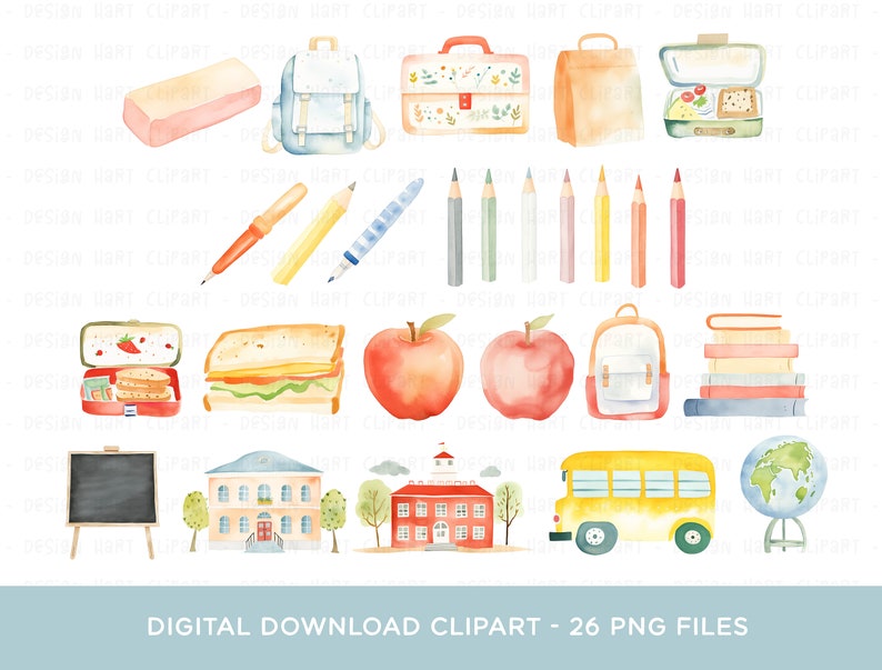 School Clipart Bundle, Watercolor Pencil Bus Books Globe Graphics ...