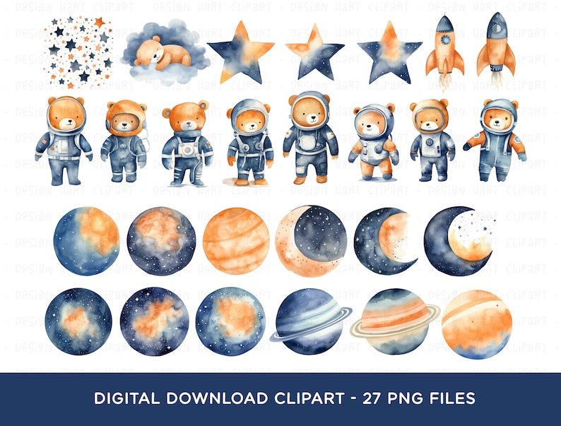 Astronaut Teddy Bear Clipart, Watercolor Outer Space Galaxy Rocket Ship ...