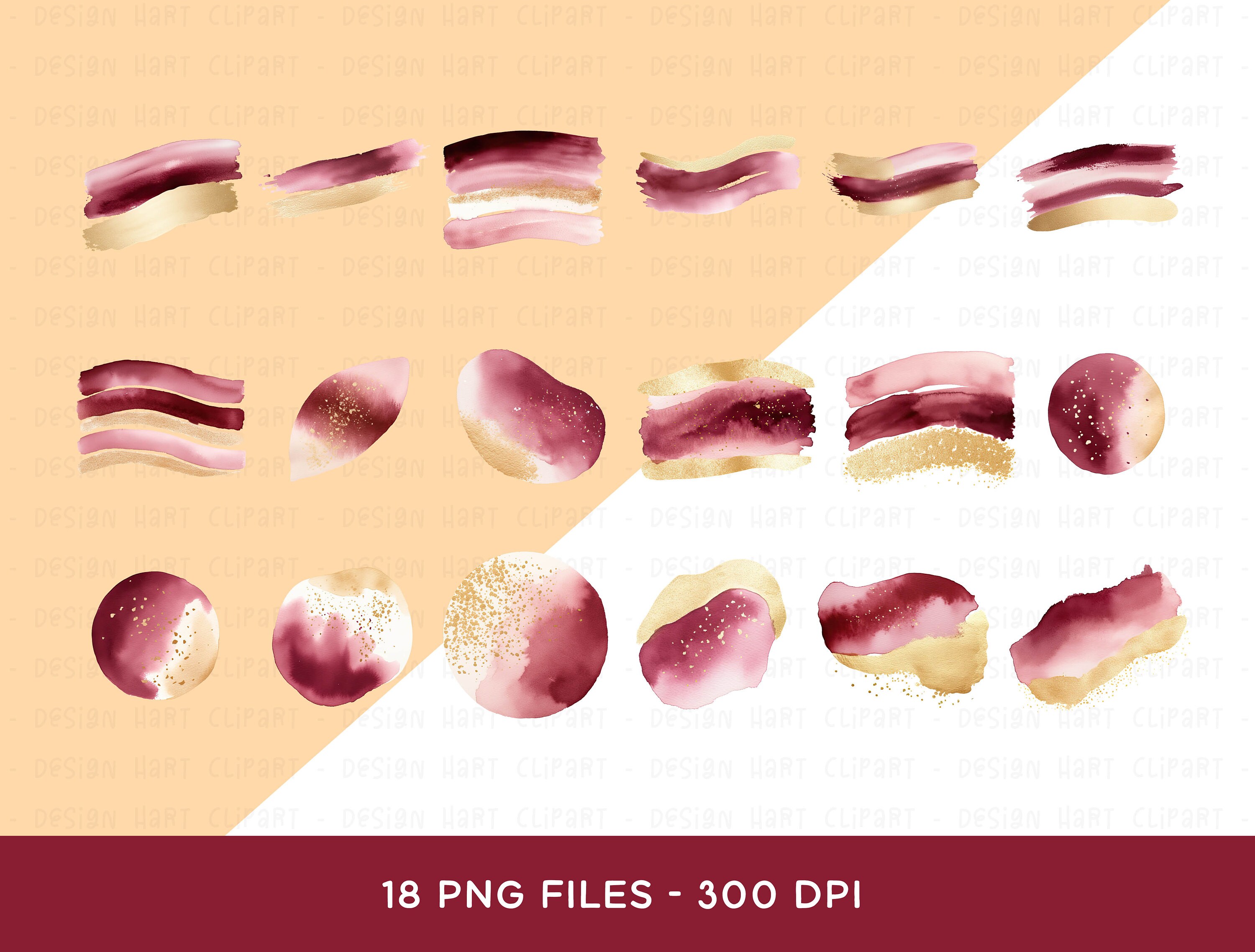 Brush Stroke Clipart Bundle - Watercolor Burgundy Pink Gold Maroon ...