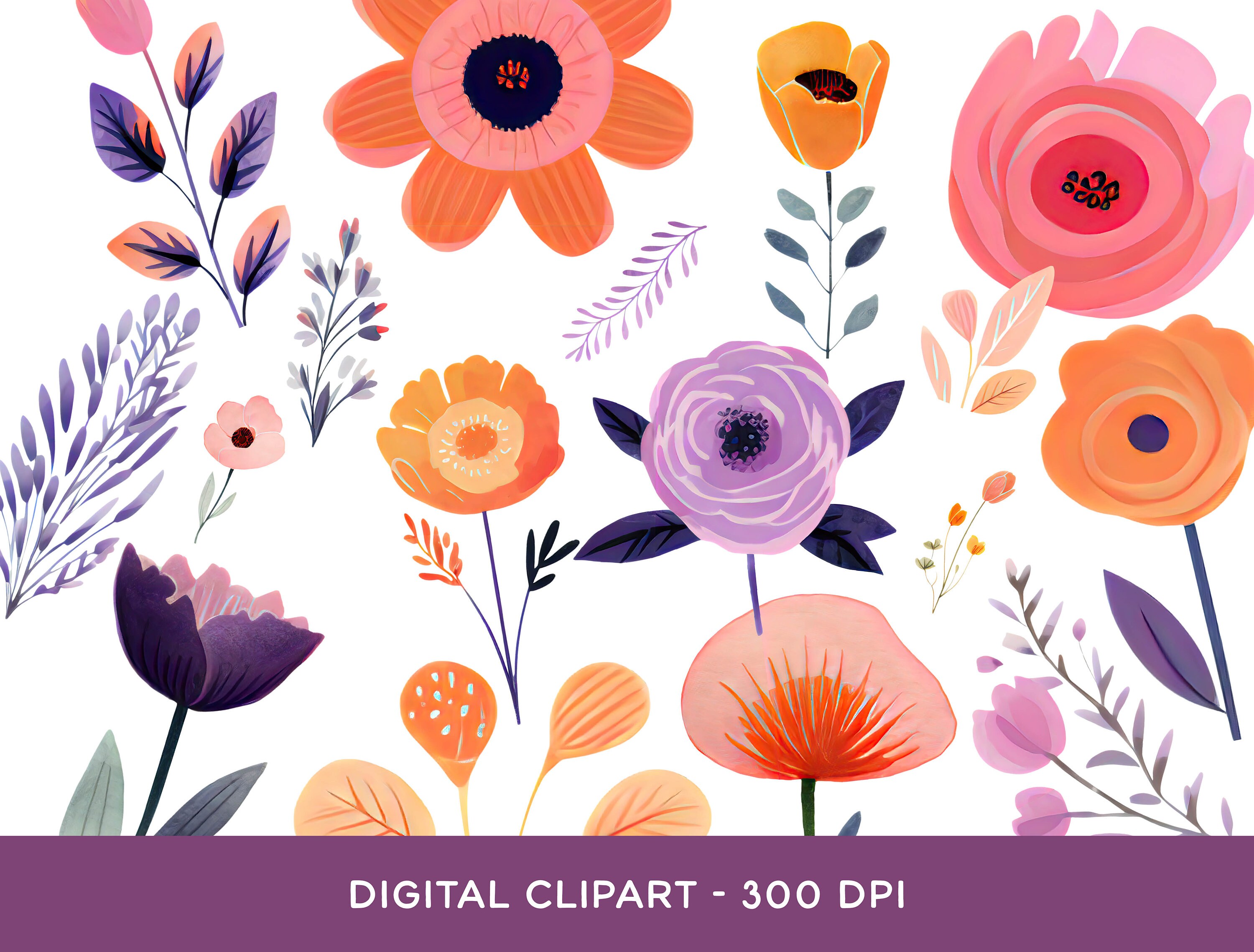 Floral Clipart Bundle Set, Folk Flowers Botanical Colorful Boho Spring ...