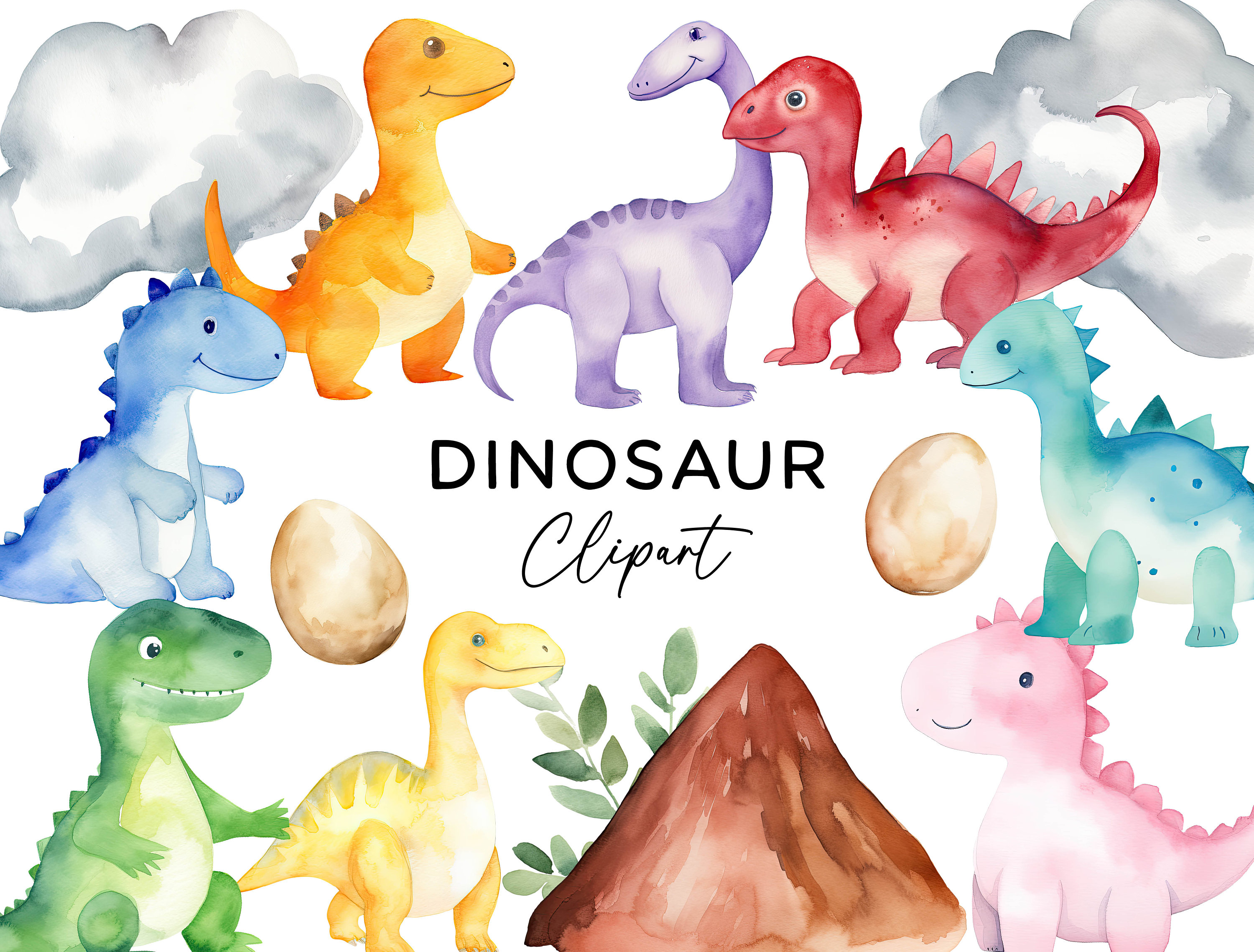 Watercolor Dinosaur Clipart Bundle, Cute Dino T-rex PNG Commercial Use ...