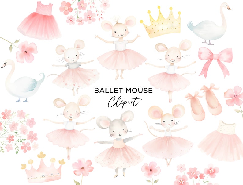Ballerina Mouse Clipart Bundle, Ballet Dancer Watercolor Tutu Floral ...