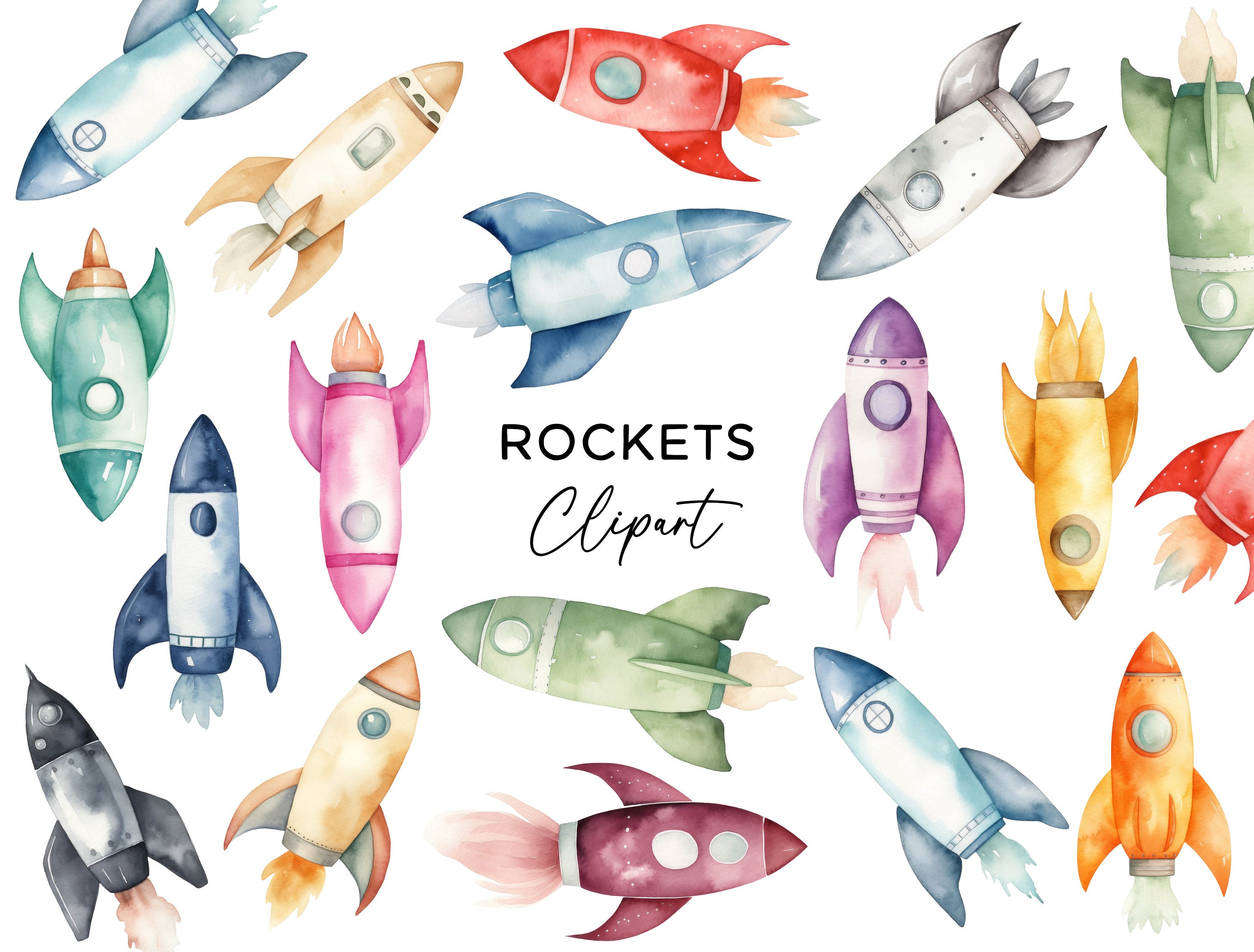 Rocket Ships Clipart Bundle, Colorful Watercolor Space Astronaut ...