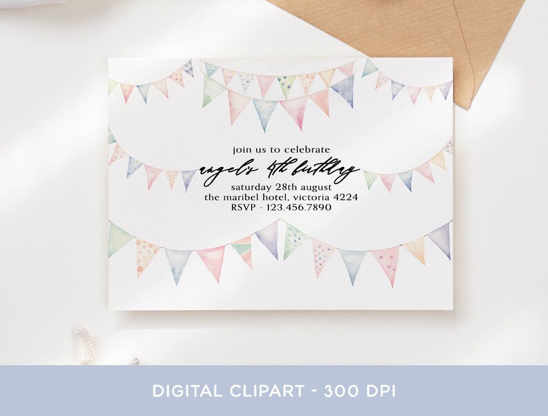 Bunting Clipart Bundle, Watercolor Pastel Party Banner Rainbow PNG ...