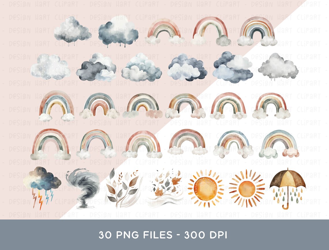 Weather Clipart Bundle, Watercolor Sun Clouds Rainbow Storm Summer ...