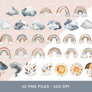 Weather Clipart Bundle, Watercolor Sun Clouds Rainbow Storm Summer ...