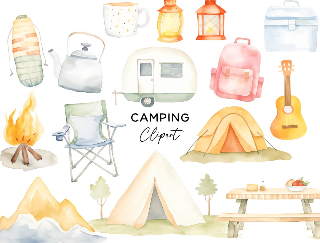 Camping Clipart Bundle, Camper Caravan Picnic Campfire Sleeping Bag ...
