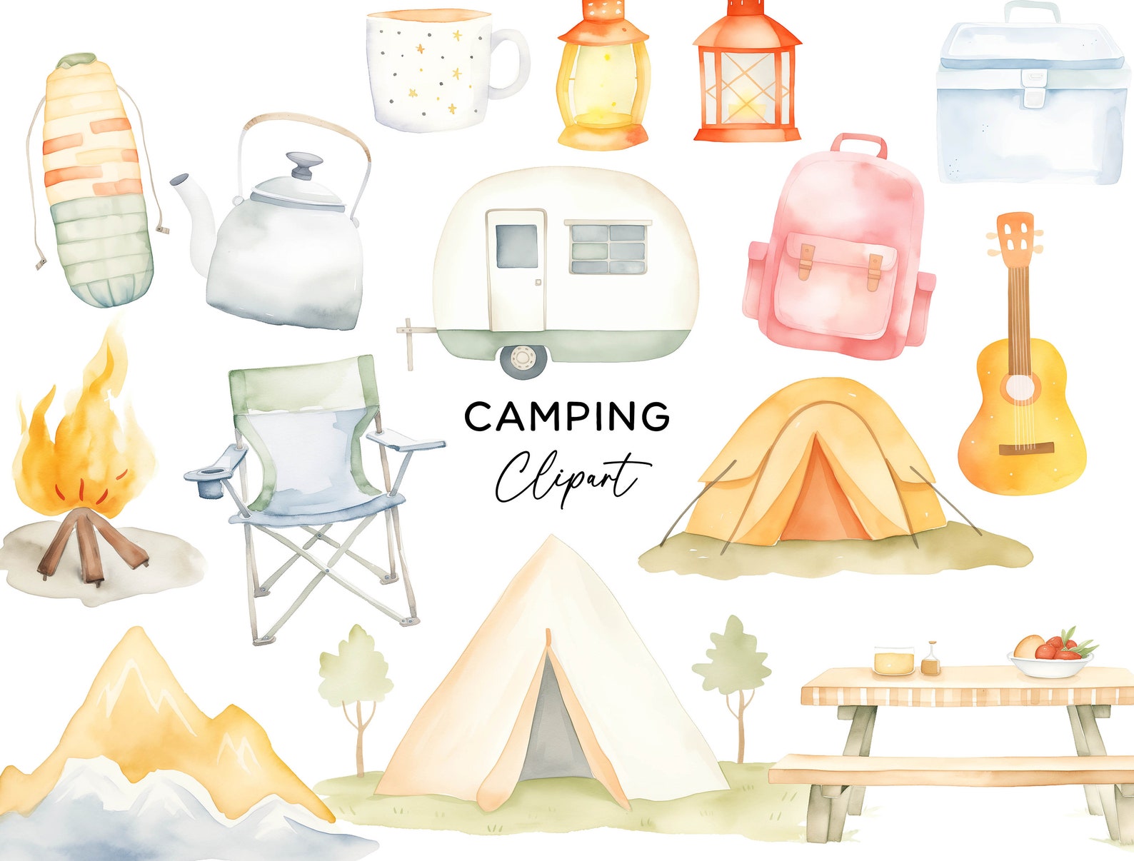 Camping Clipart Bundle, Camper Caravan Picnic Campfire Sleeping Bag ...