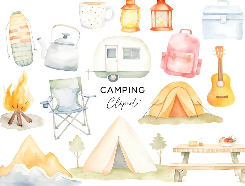 Camping Clipart Bundle, Camper Caravan Picnic Campfire Sleeping Bag ...