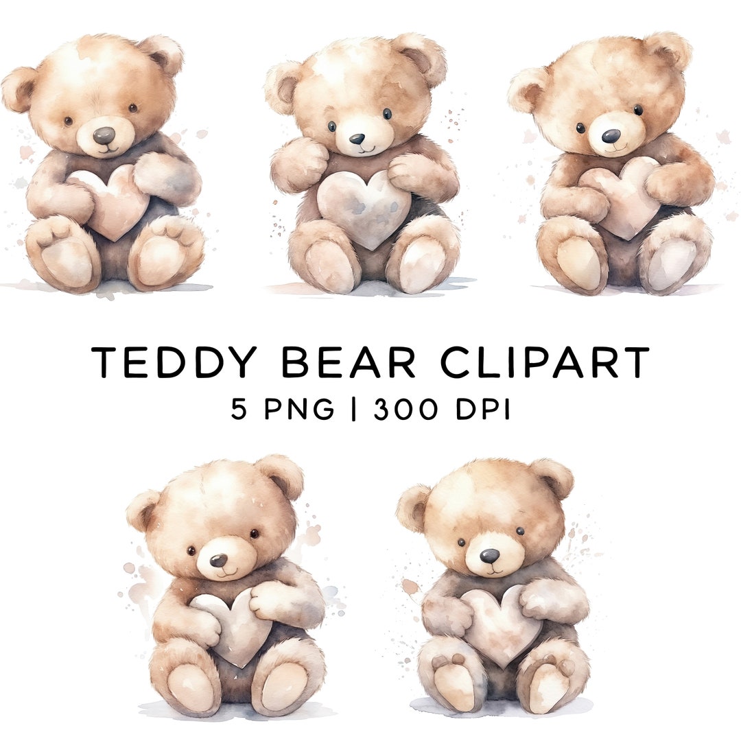 Teddy Bears Clipart, Teddy Holding Hearts PNG Bundle, Soft Neutral ...