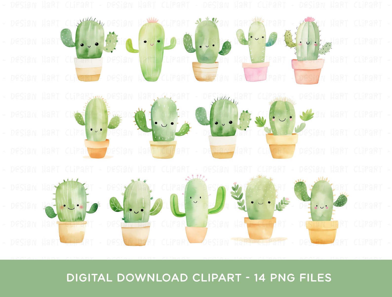 Cute Cactus Clipart Bundle, Happy Smiling Cartoon Kawaii Cactus Plants ...