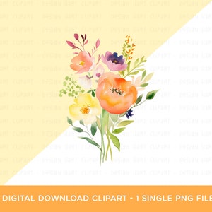 Flower Bouquet Clipart - Watercolor Yellow Orange Floral Bunch PNG ...
