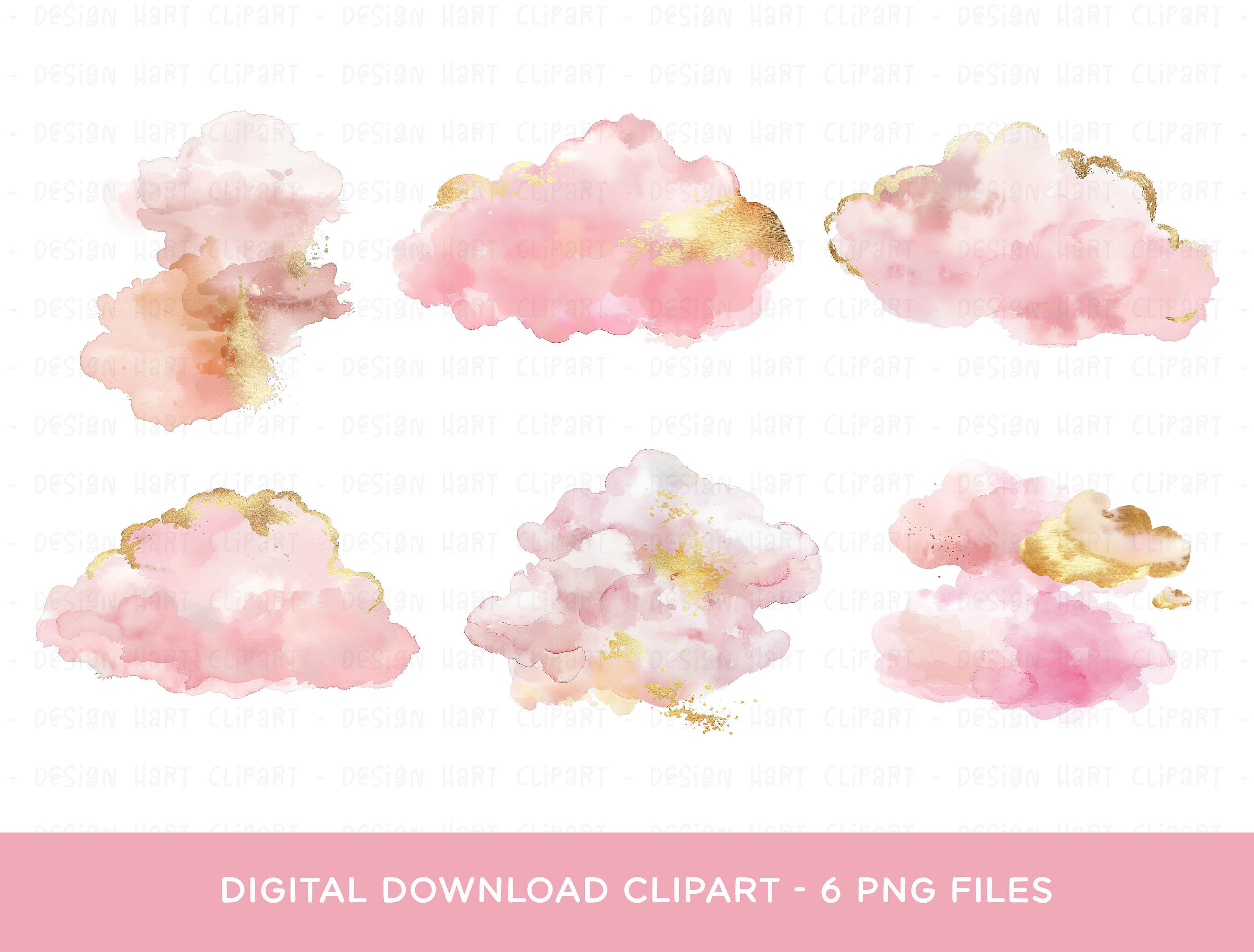 Cloud Clipart Bundle Set Watercolor Pink & Gold Foil Pastel Weather ...