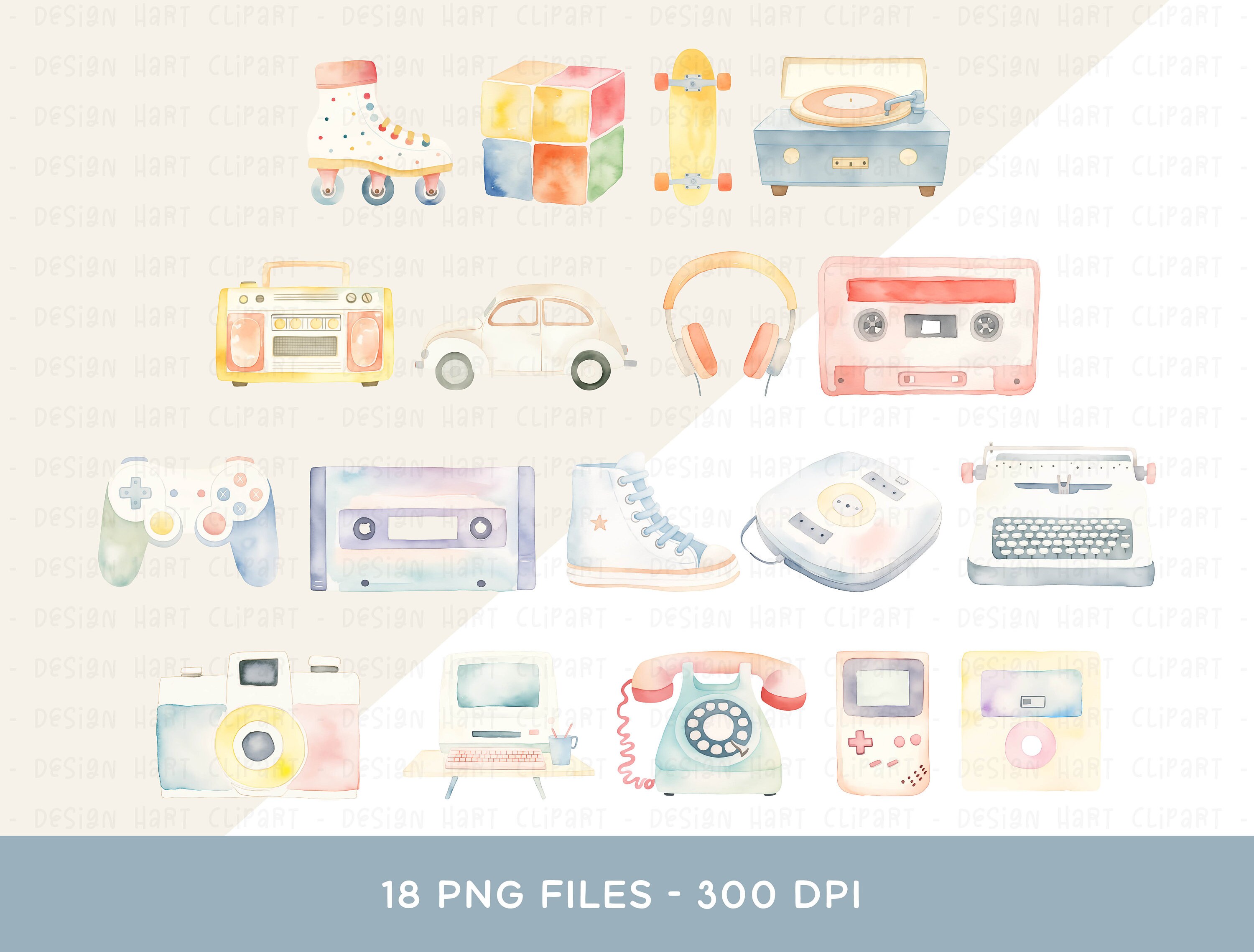90s Retro Clipart Bundle, 80s Vintage Phone Gameboy Rollerskate ...
