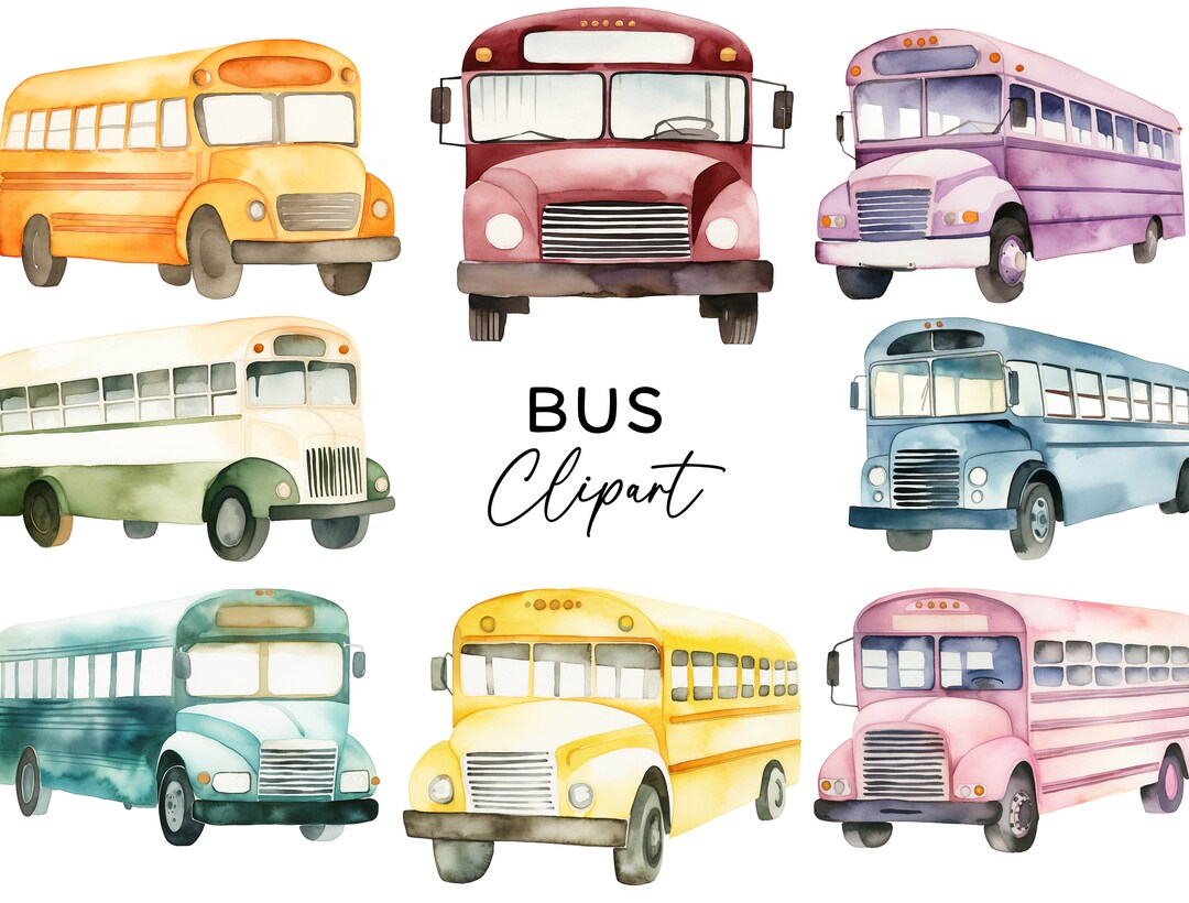 School Bus Clipart Bundle - Watercolor Colorful Pastel PNG Vehicles for ...
