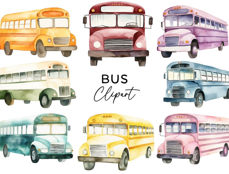 School Bus Clipart Bundle Watercolor Colorful Pastel PNG Vehicles for ...