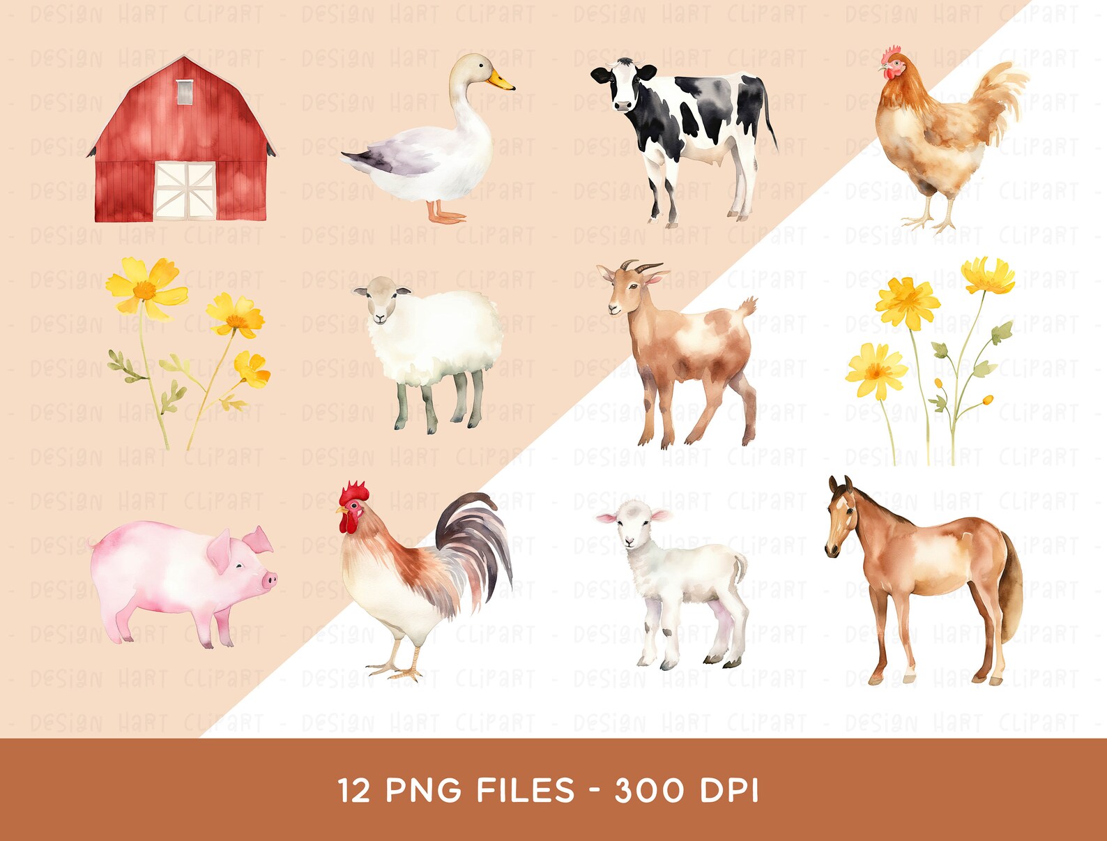 Farm Animal Clipart Bundle, Watercolor Barnyard Animals Pig Cow Horse ...