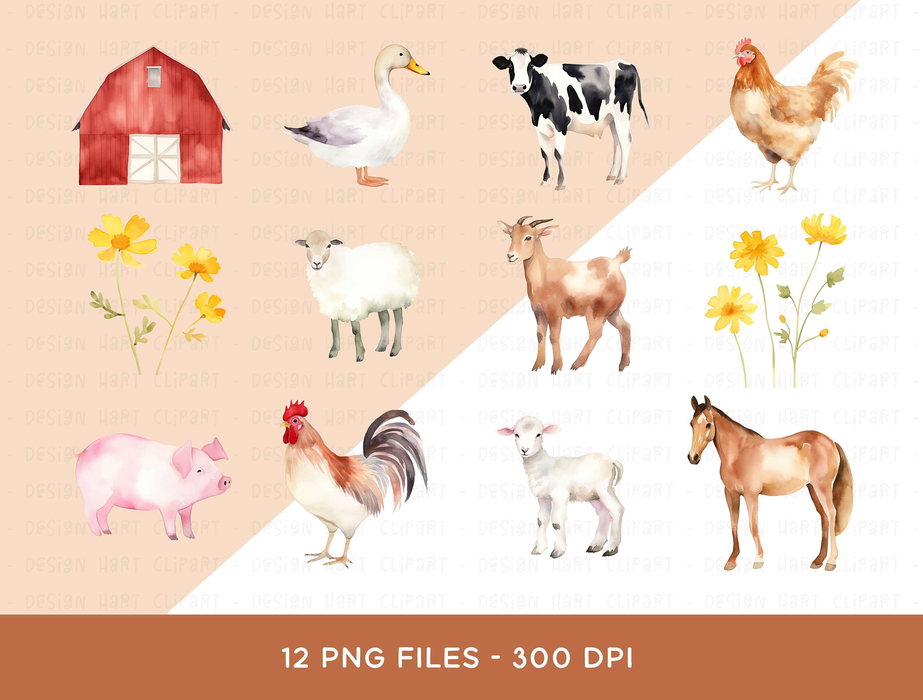 Farm Animal Clipart Bundle, Watercolor Barnyard Animals Pig Cow Horse ...