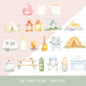 Camping Clipart Bundle, Camper Caravan Picnic Campfire Sleeping Bag ...
