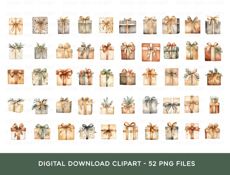 Gift Boxes Clipart Bundle, Boho Watercolor Presents PNG Graphics ...