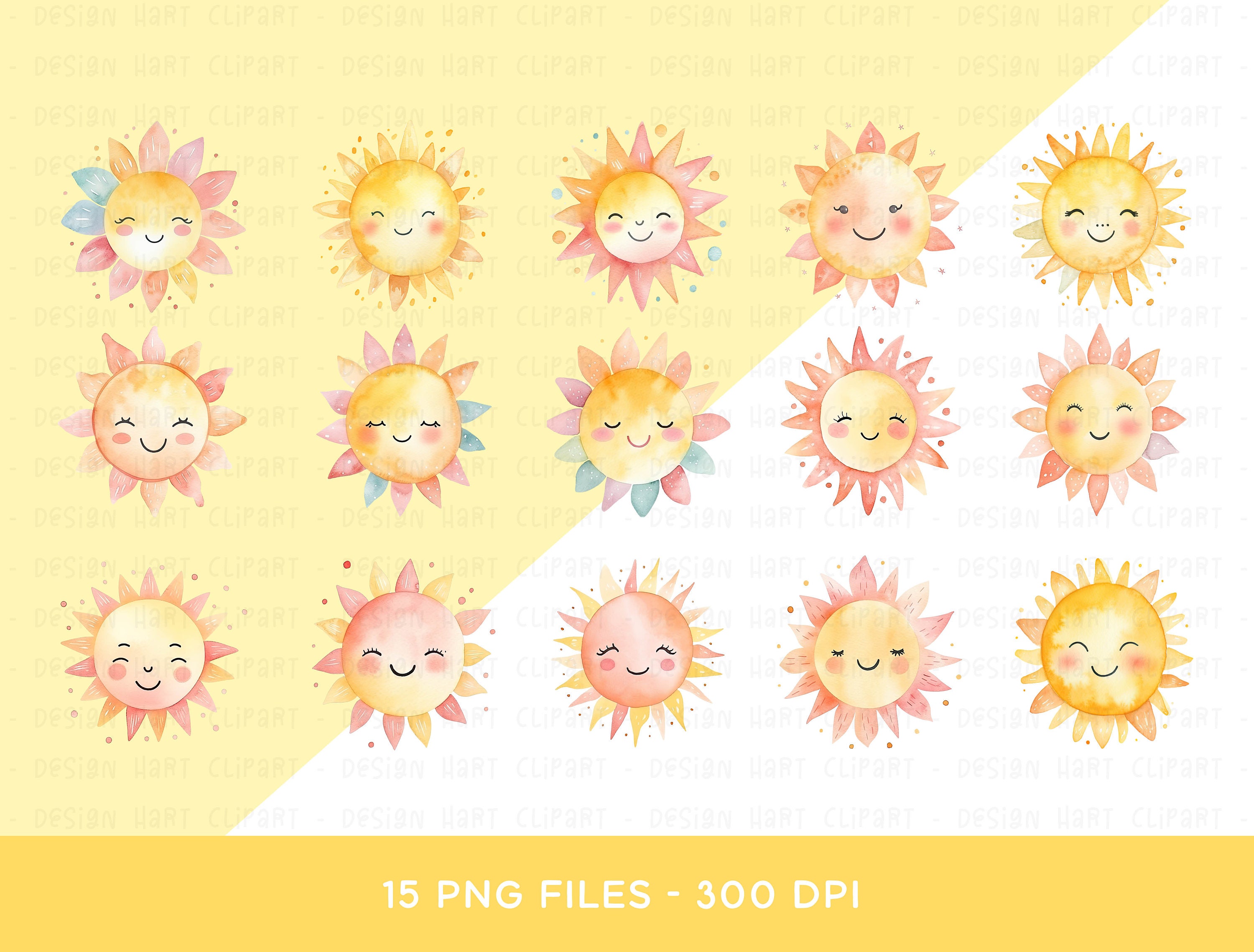 Watercolor Sun Clipart Bundle, Smiling Happy Sun, PNG Sublimation ...