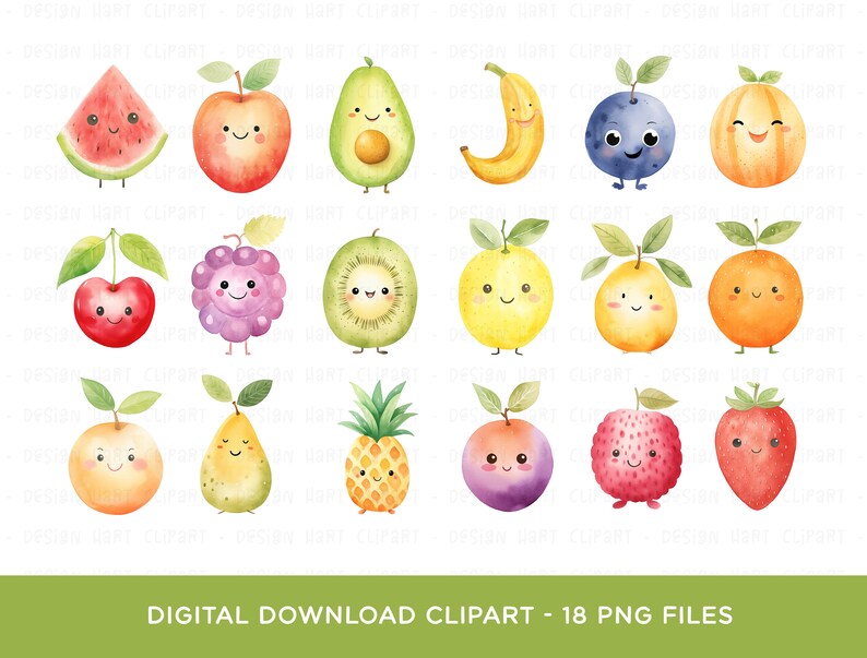Happy Fruit Clipart Bundle - Watercolor Cute Smiling Apple Banana ...