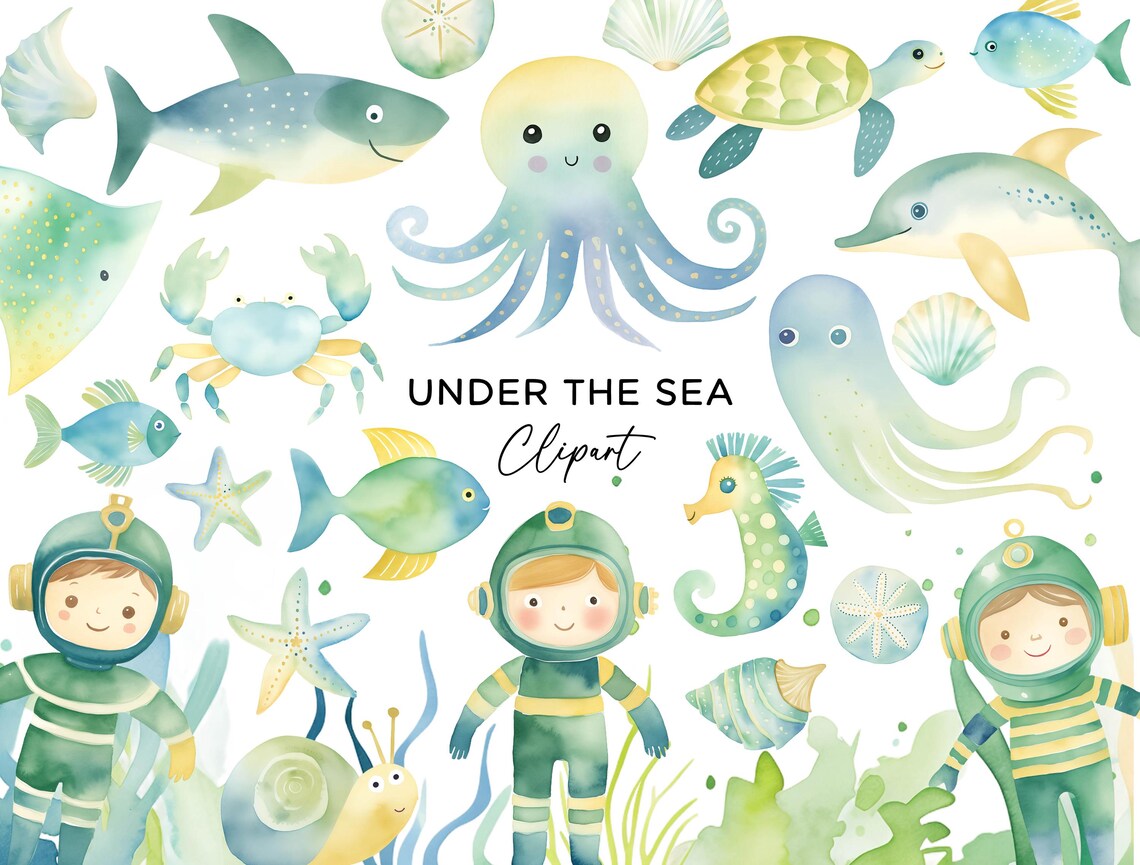 Ocean Clipart Bundle, Watercolor Under the Sea Creatures Animals Beach ...