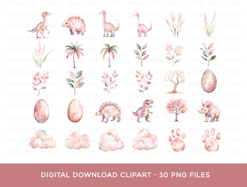 Dinosaur Clipart Bundle, Watercolor Girls Pink T-rex Prehistoric Dino ...