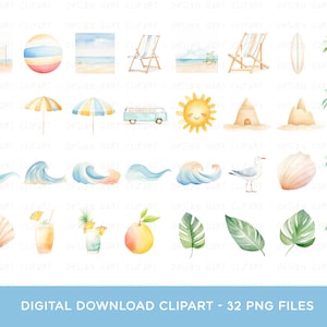 Beach Clipart Bundle - Pastel Watercolor Ocean Palm Tree Sun Waves PNG ...