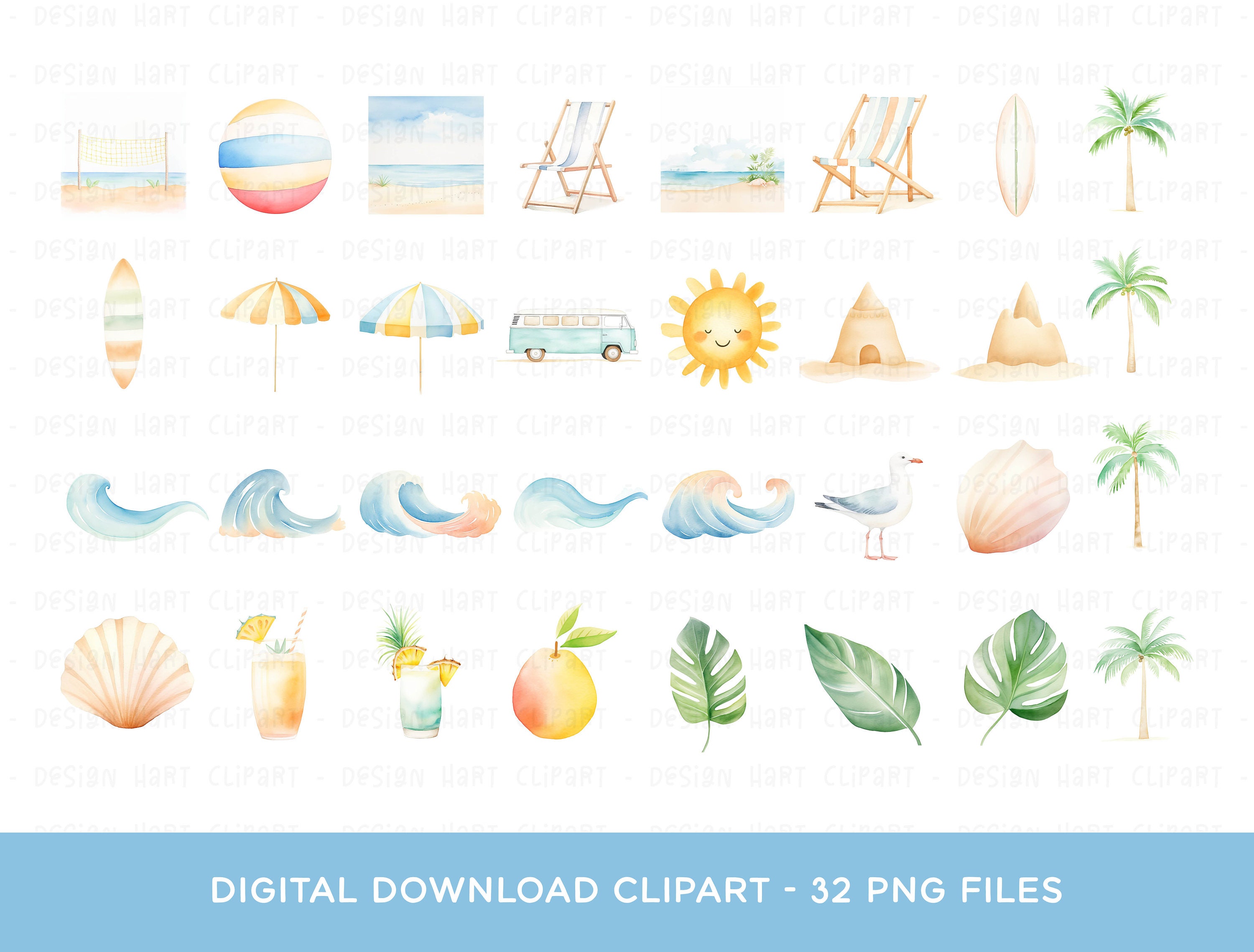 Beach Clipart Bundle Pastel Watercolor Ocean Palm Tree Sun Waves PNG ...