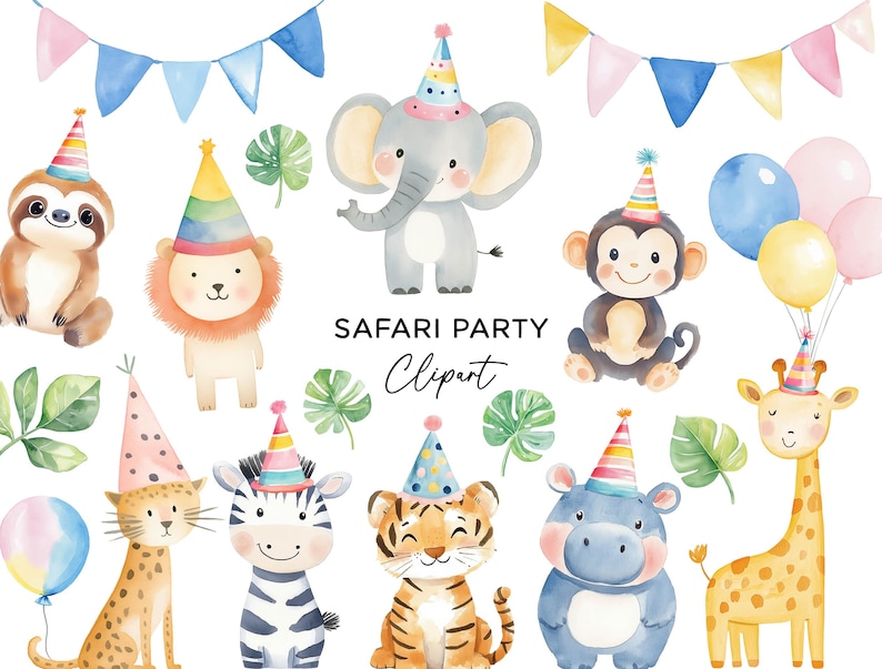 Party Animals Clipart Bundle, Watercolor Safari Jungle Zoo Animals With ...
