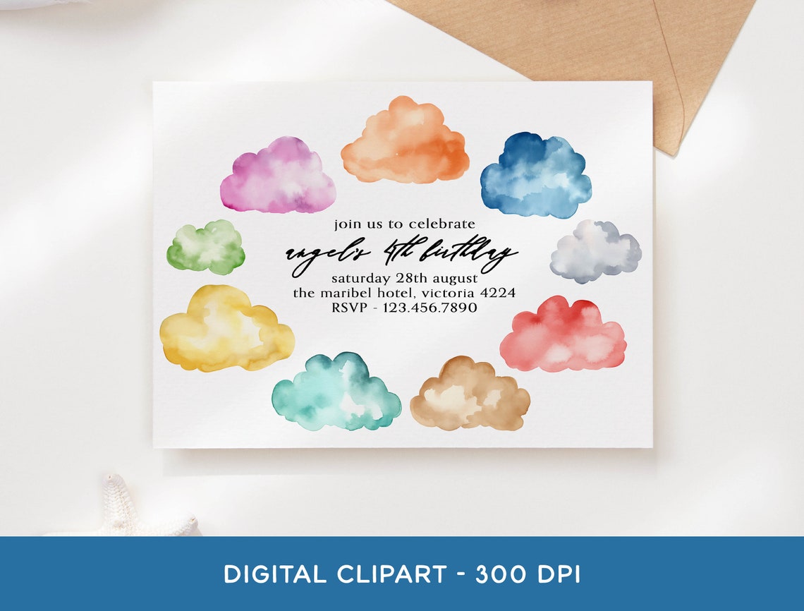 Clouds Clipart Bundle, Watercolor Pastel Rainbow Cloud Icons, Hand ...